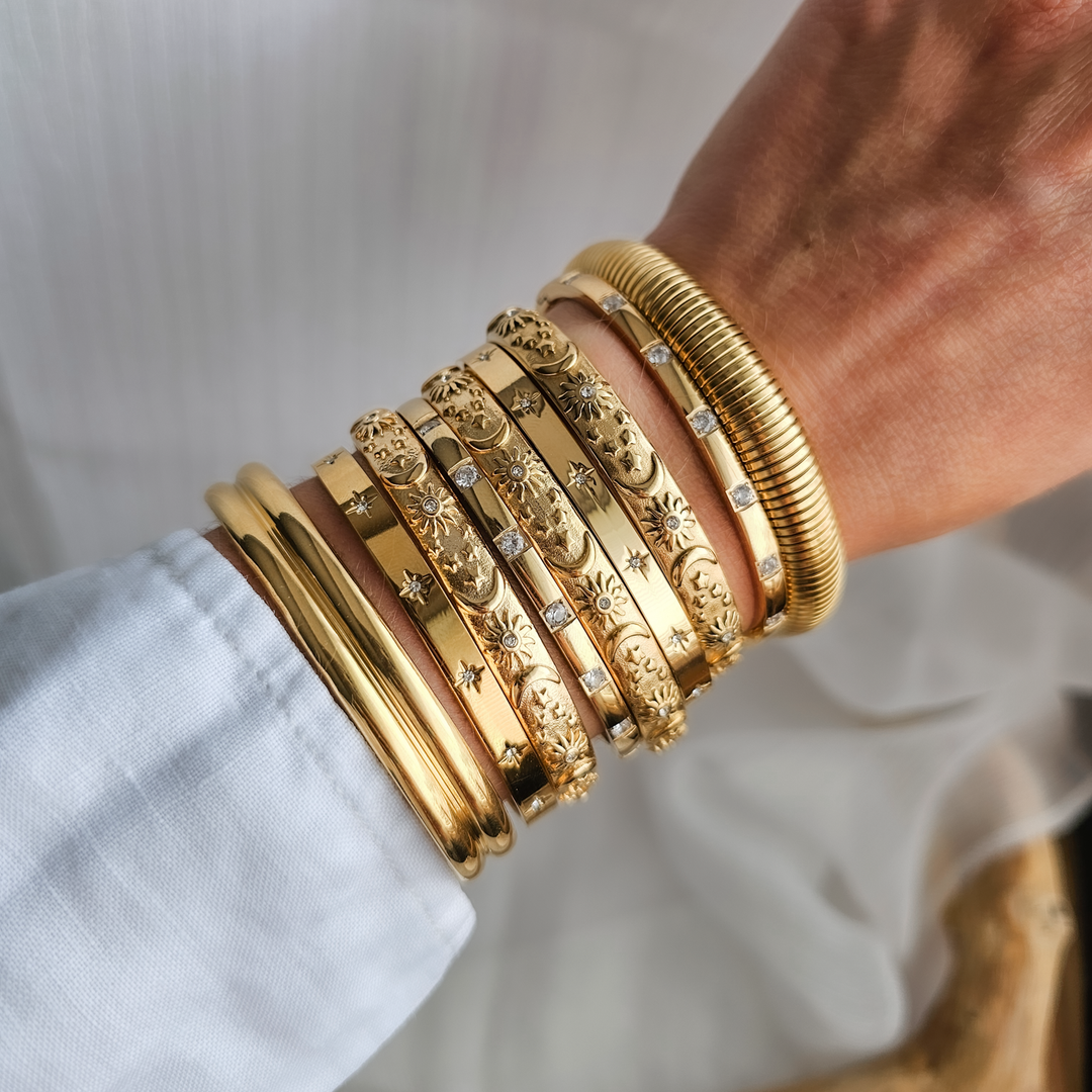 Celestial Gold Bangle - Stars Moon Sun Talisman Spring Summer – DORSYA